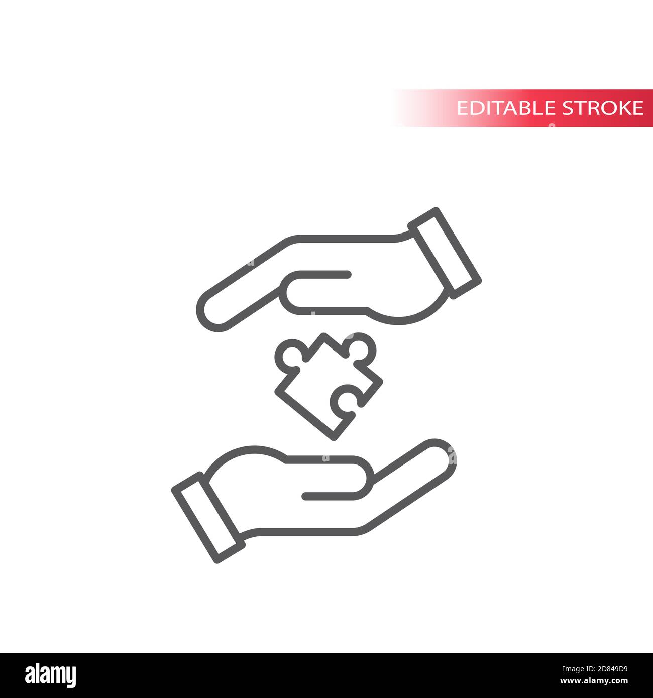 Hands and puzzle piece line vector icon. Business strategy and solution ...