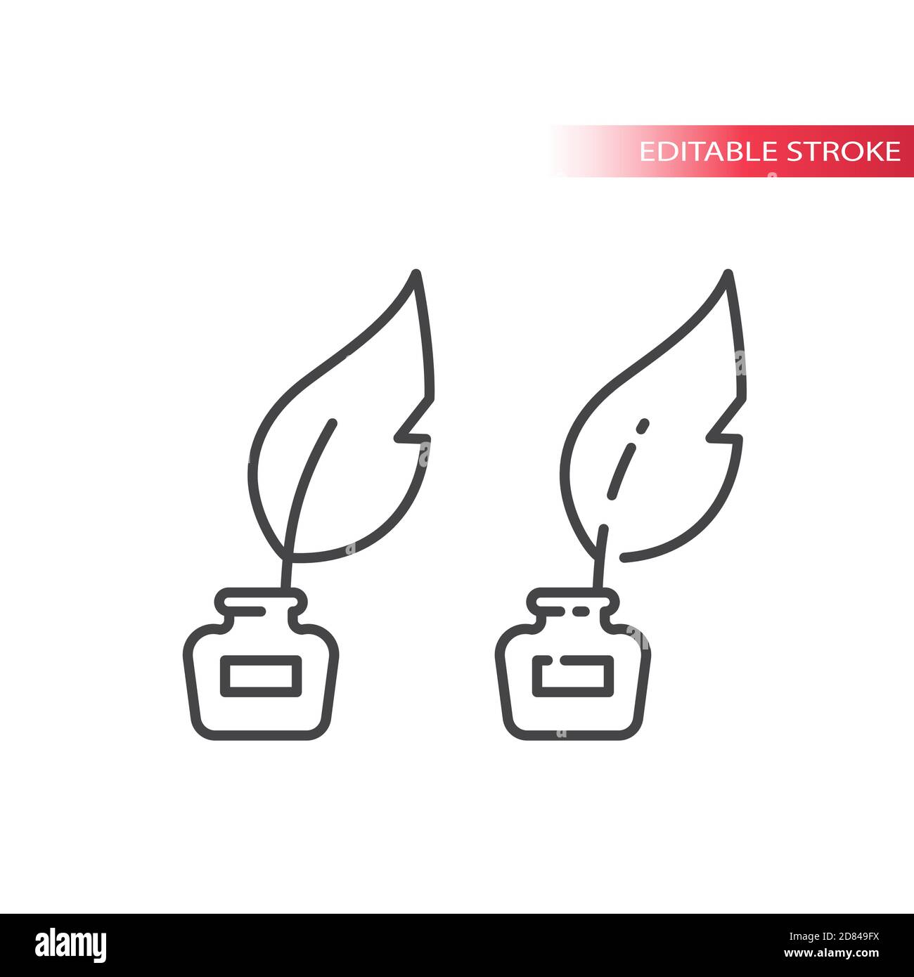 Quill pen with ink well line vector icon. Bird feather with ink stand ...