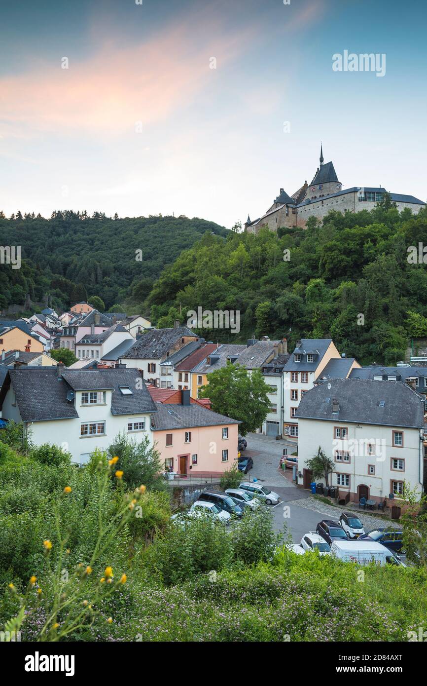 Luxembourg, Vianden, View of Vianden Castle above the town Stock Photo ...