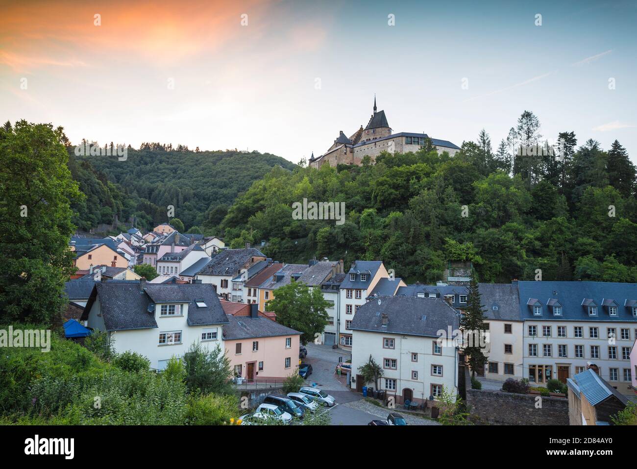 Luxembourg, Vianden, View of Vianden Castle above the town Stock Photo ...