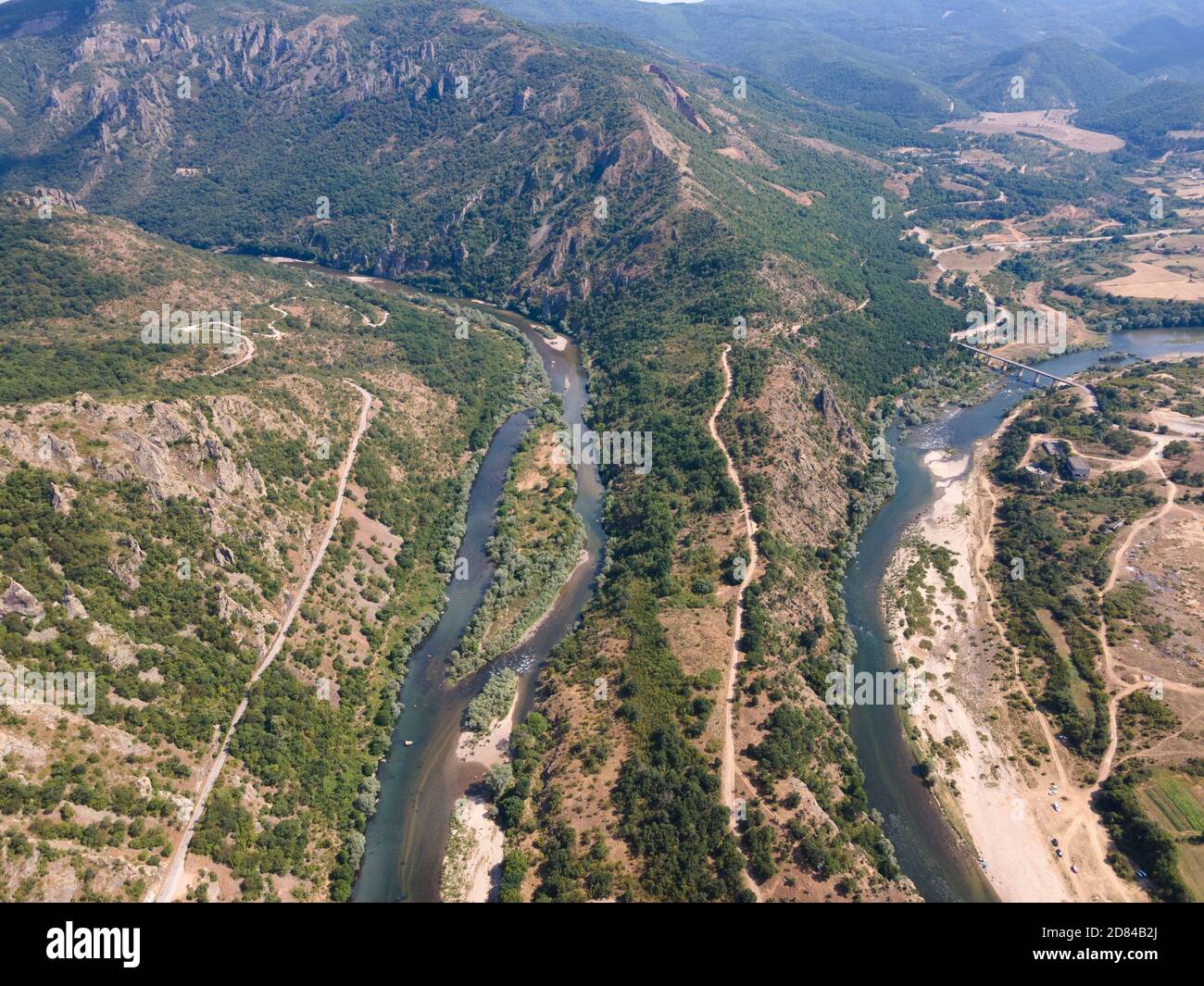 Aerial view of Arda River meander and Ivaylovgrad Reservoir, Bulgaria ...
