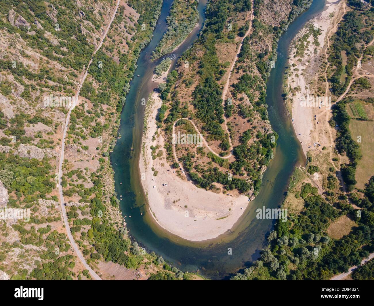 Aerial view of Arda River meander and Ivaylovgrad Reservoir, Bulgaria ...