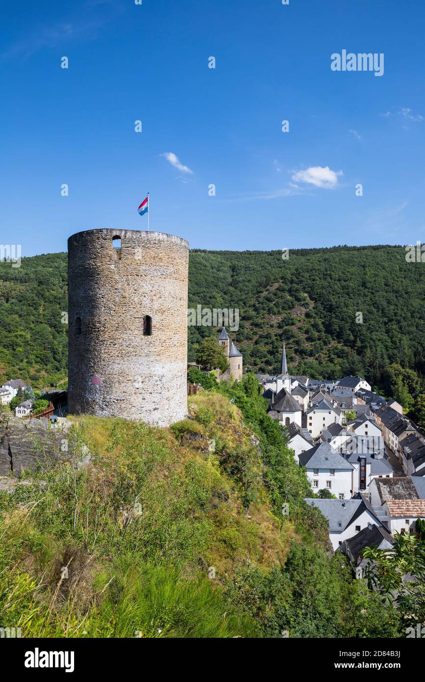 Luxembourg, Esch-sur-Sure, View of Castle watchtower and town Stock ...