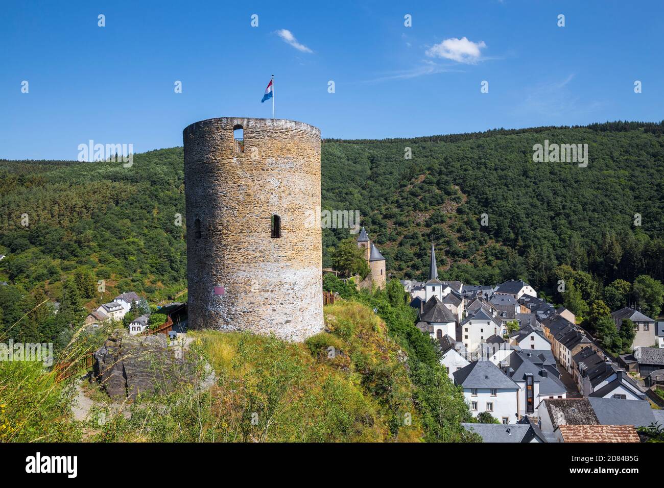 Luxembourg, Esch-sur-Sure, View of Castle watchtower and town Stock ...