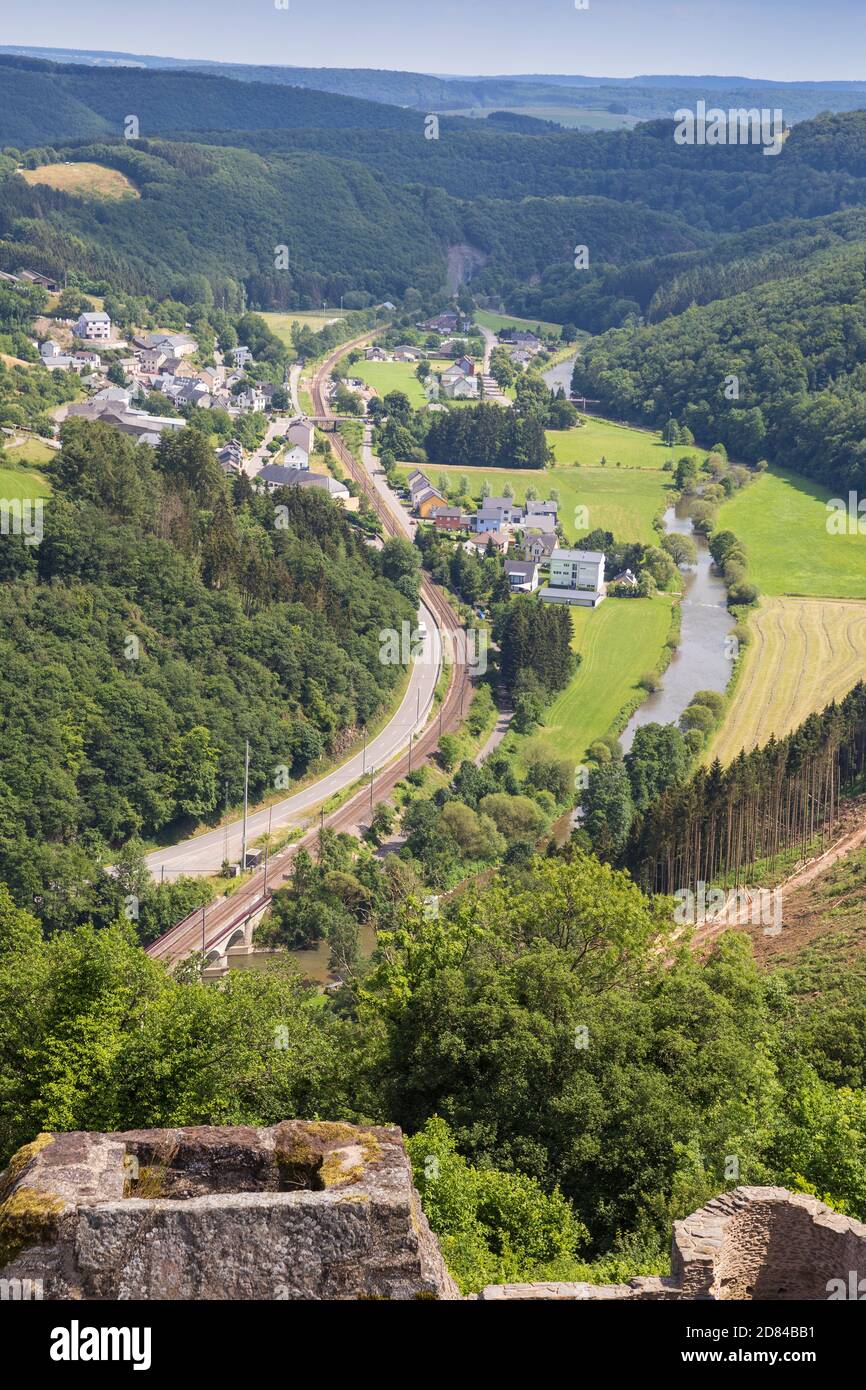Luxembourg, Bourscheid , View of countryside and railway line from ...