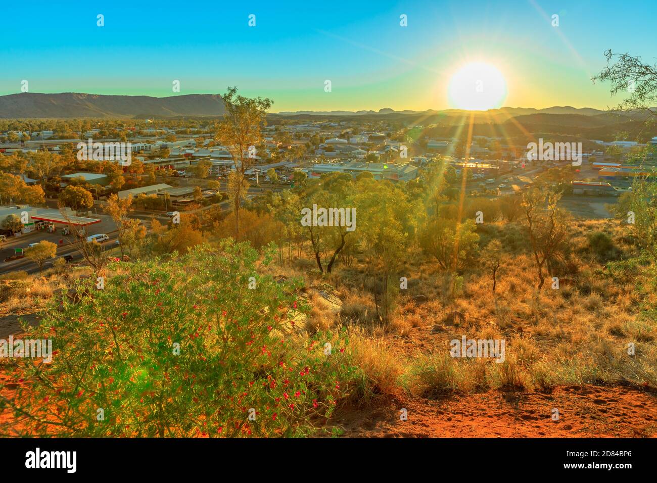 Sunset aerial view of Alice Springs town in Australia from Anzac Hill ...
