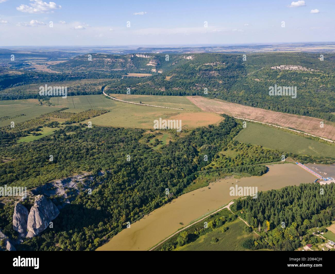 Aerial view of Iskar river, passing near village of Karlukovo, Balkan ...