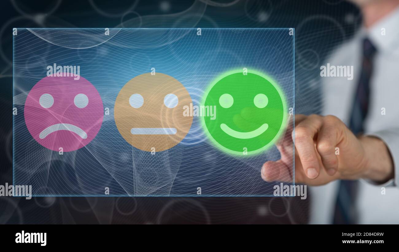 Man touching a customer satisfaction concept on a touch screen with his ...