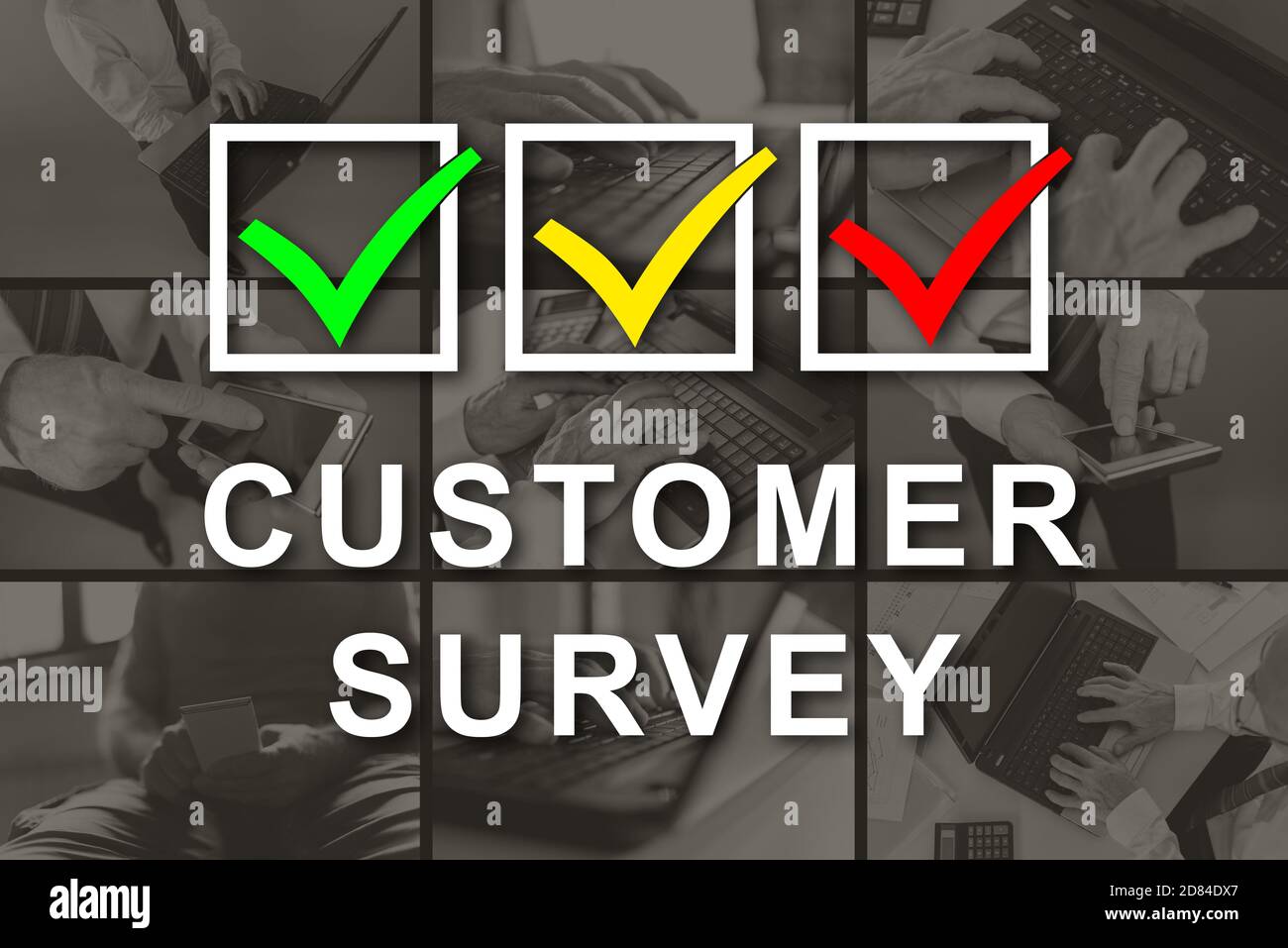 Customer survey concept illustrated by pictures on background Stock ...