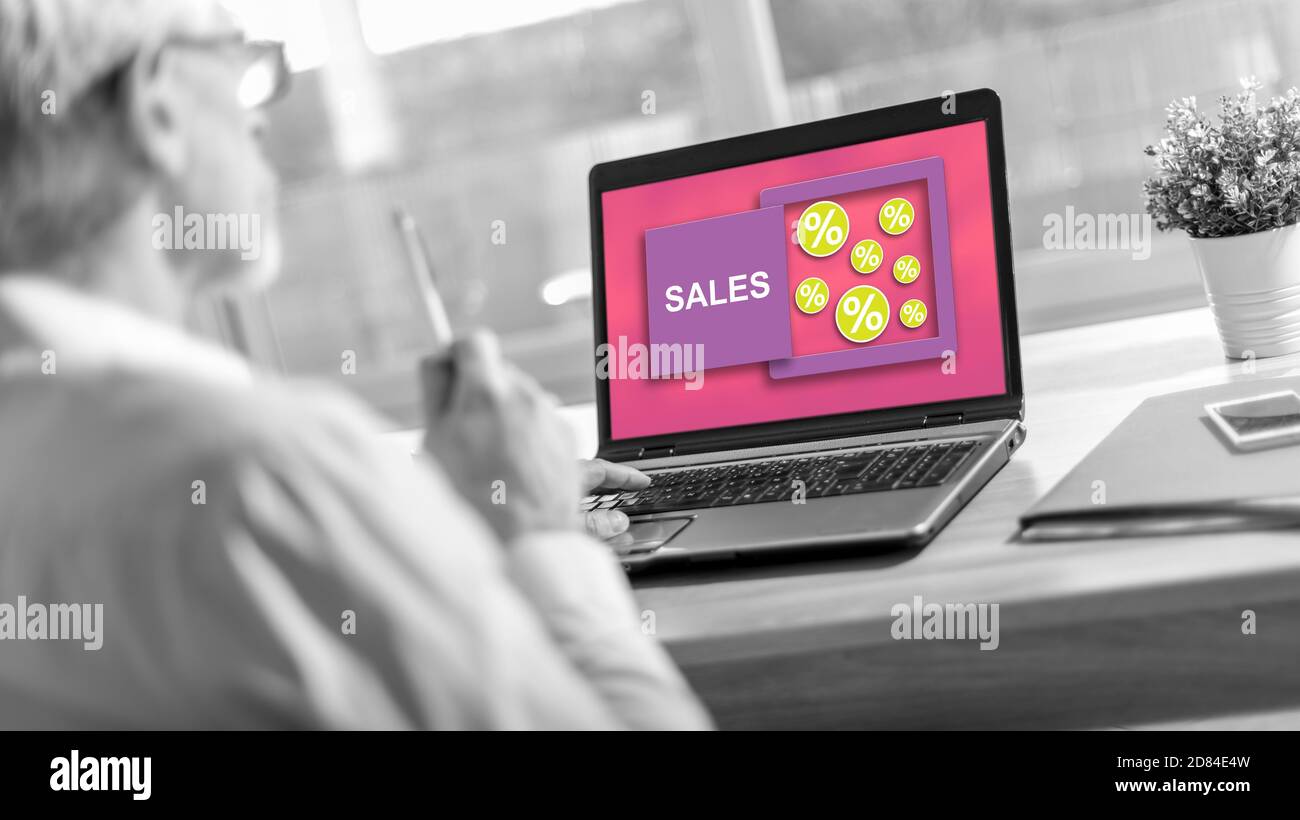 Laptop screen displaying a sales and discounts concept Stock Photo - Alamy
