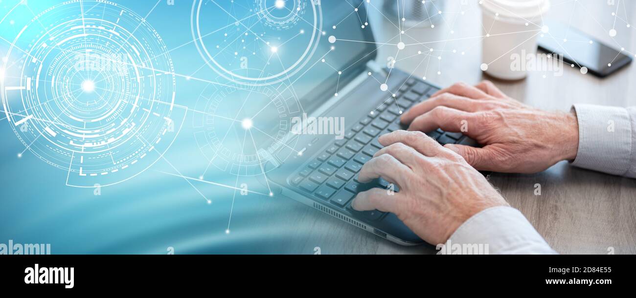 Male hands typing on laptop keyboard; panoramic banner Stock Photo - Alamy