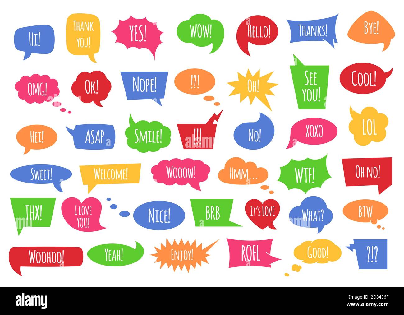 Speech bubble set with conversation phrases and words in isolated ...