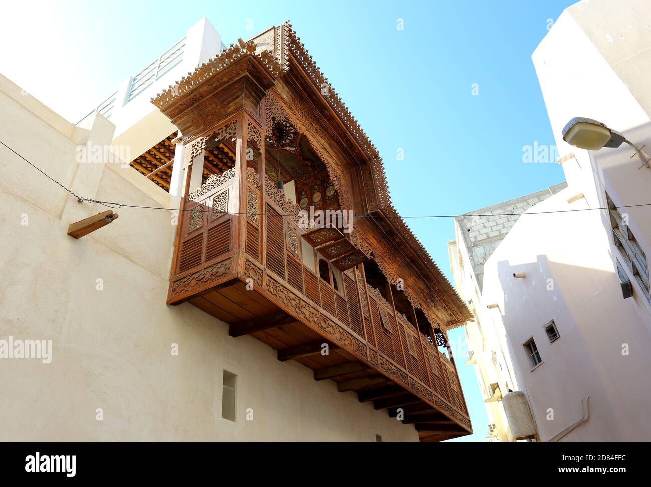 Covered wooden balcony, Khalaf House, Manama, Kingdom of Bahrain Stock ...