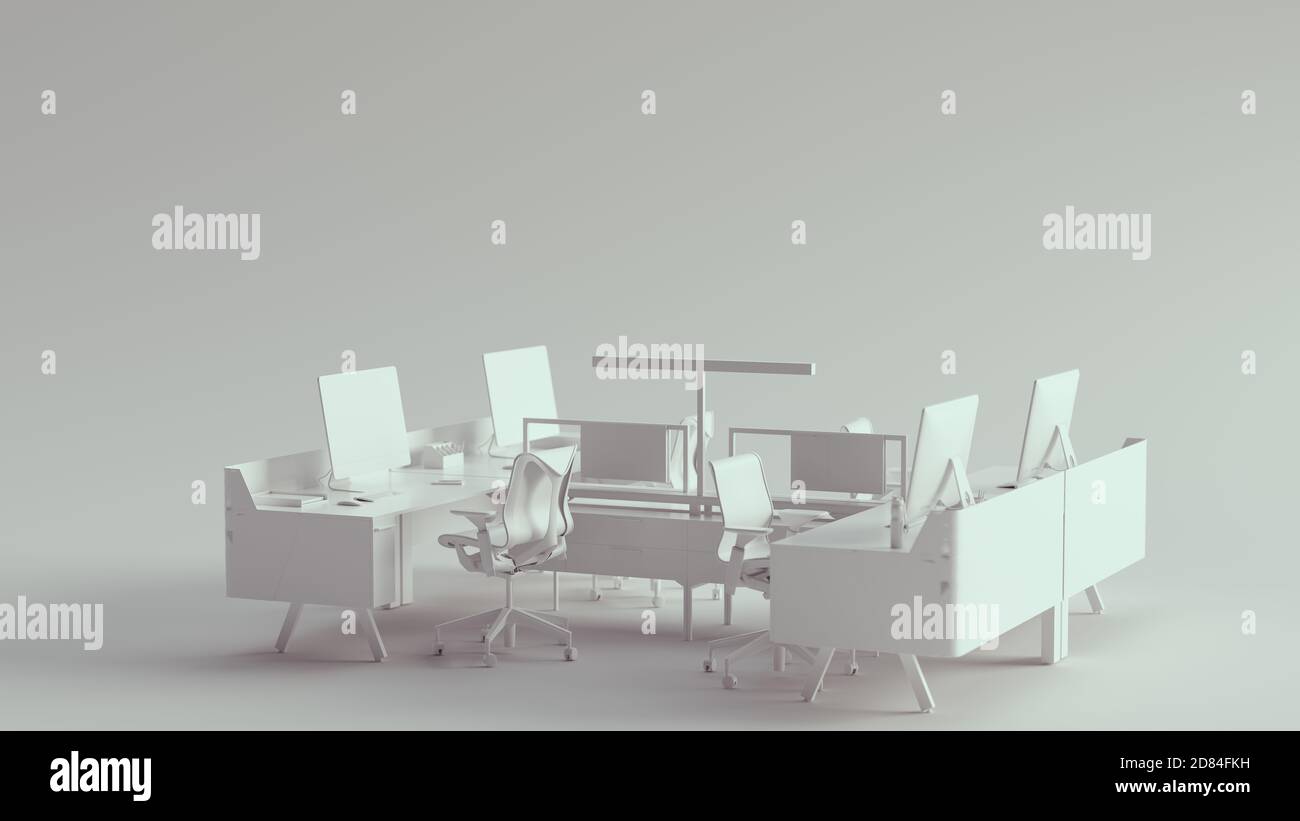 White Small Office 4 Desk Simple Setup 3d illustration Stock Photo - Alamy