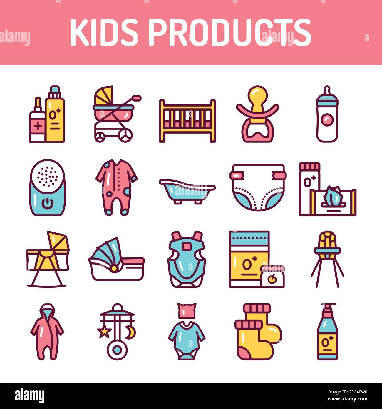 Kids products color line icons set. Isolated vector element. Outline ...