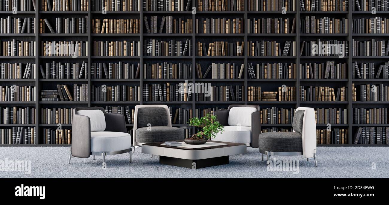 Living room interior design with library 3D Render 3D illustration ...