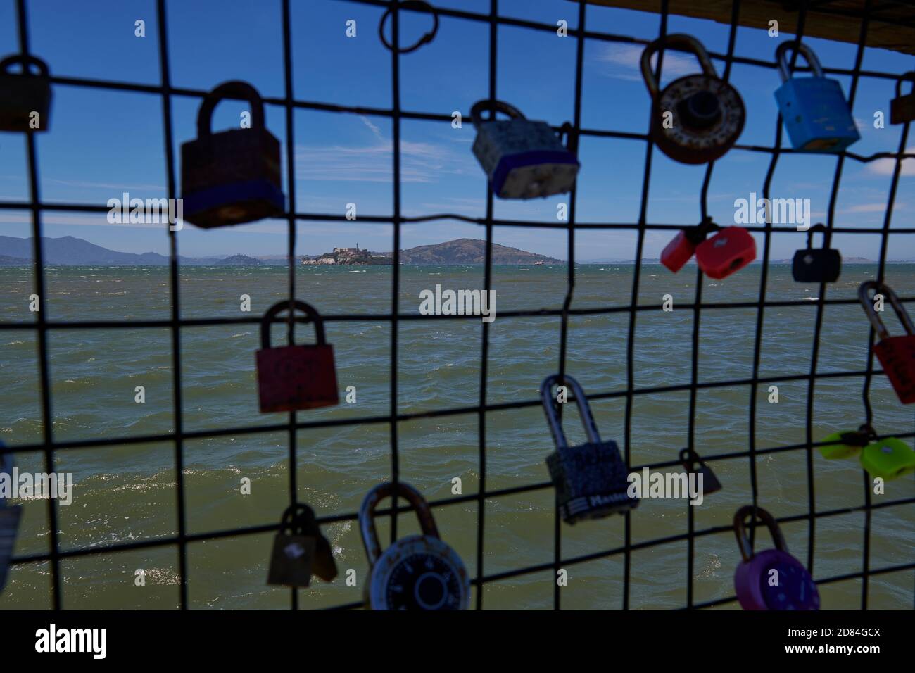Locks on a Chain Fence, looking towards Alcatraz Island, San Francisco ...