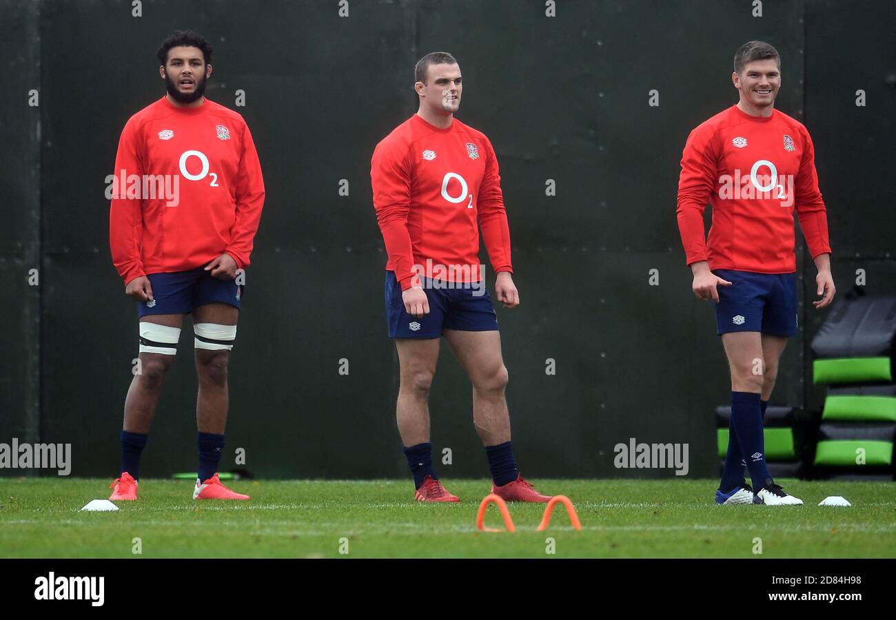 England's (left to right) Lewis Ludlam, Ben Earl and Owen Farrell look ...