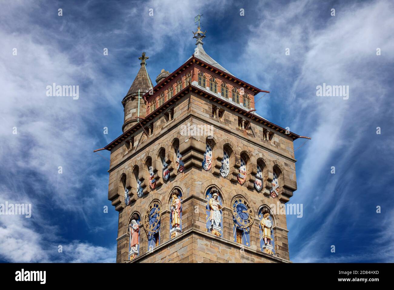 The clock tower of Cardiff Castle Wales UK completed in 1873 which is ...