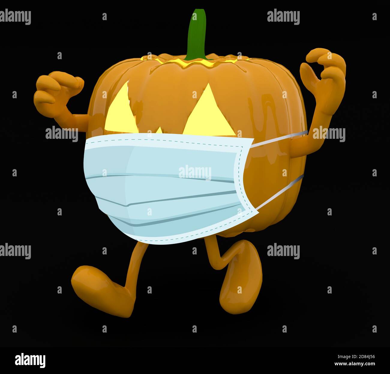Halloween pumpkin with arms, legs and surgical mask on dark background ...