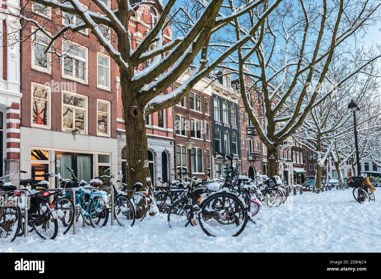 Amsterdam town square in winter with snow covered bicycles Stock Photo ...