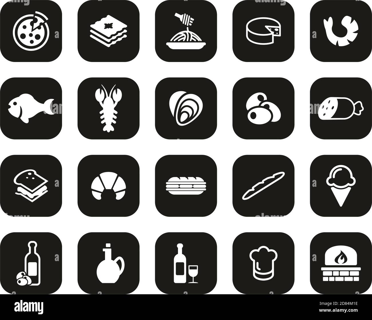 Italian Traditional Food & Culture Icons White On Black Flat Design Set ...