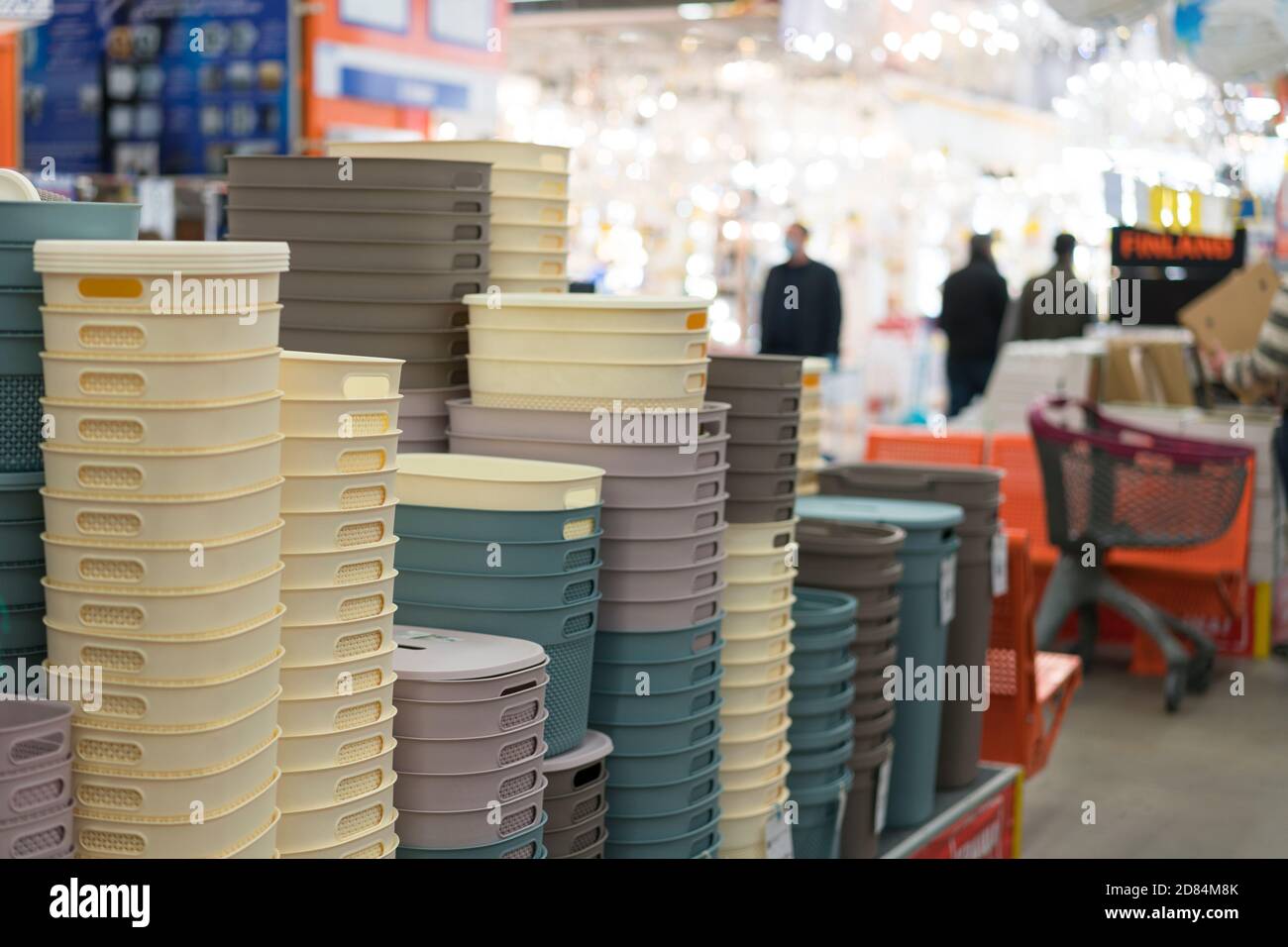 plastic crates in a hardware store. Automated storage warehouse with ...
