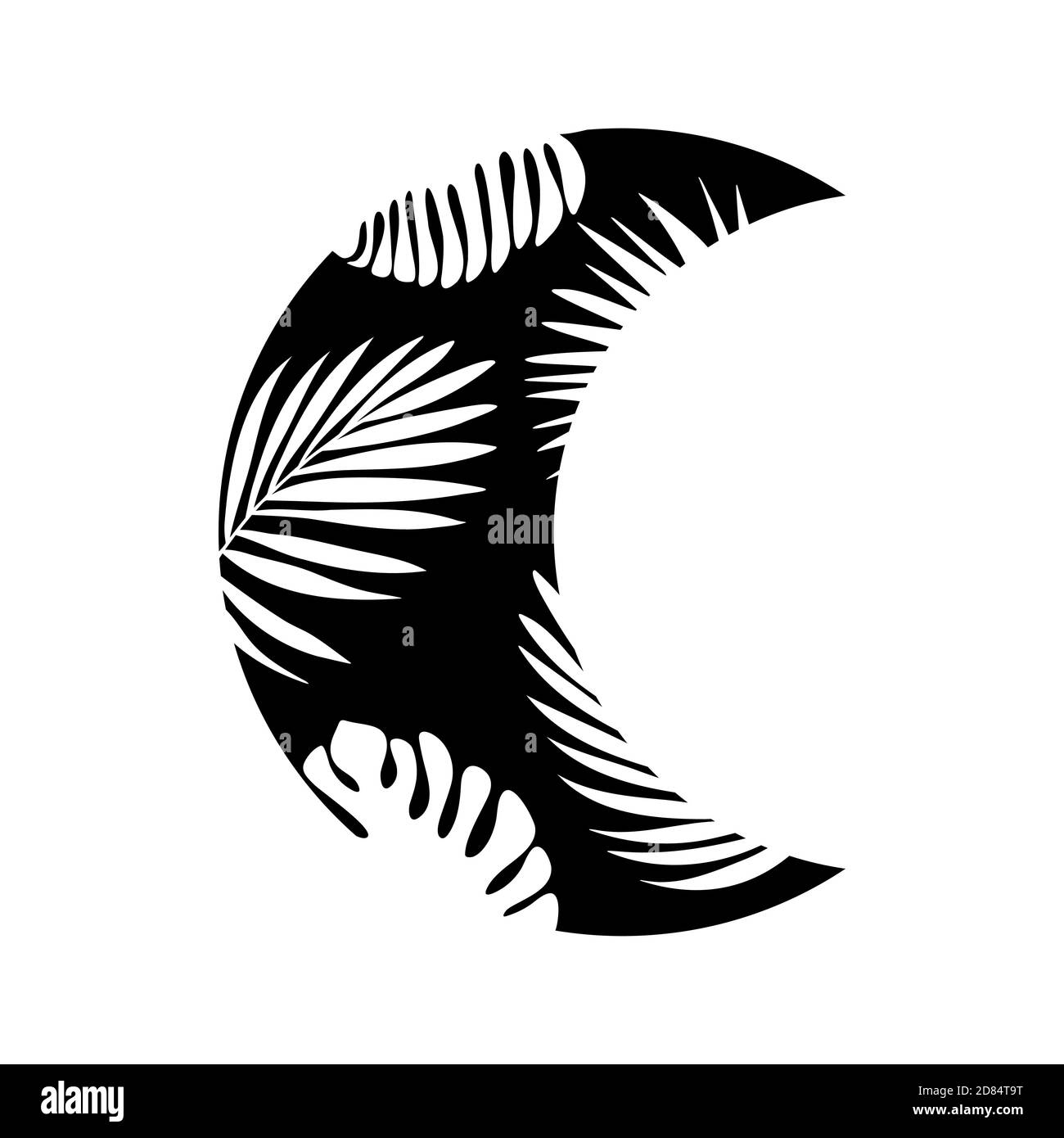 Tropical moon. Floral crescent black on white. Boho ornament element ...