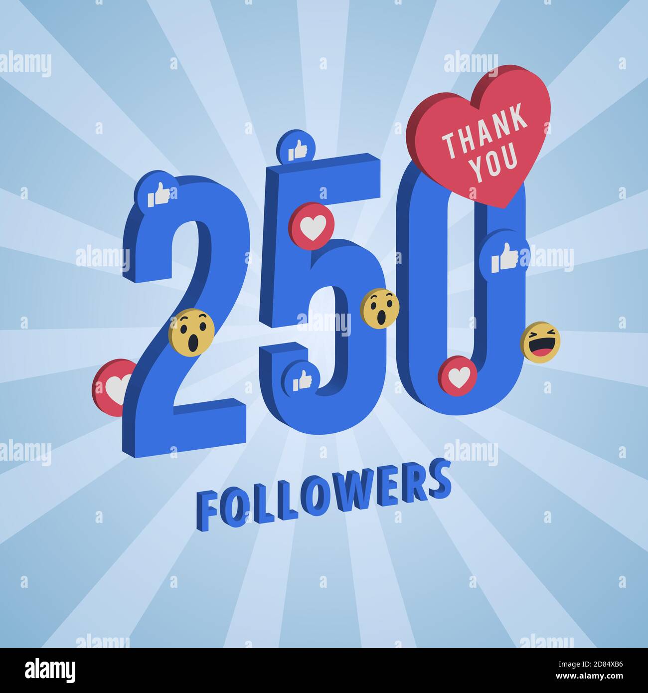 Social media banner with thank you for 250 followers. Blue card with 3D Thank you celebrate all ...