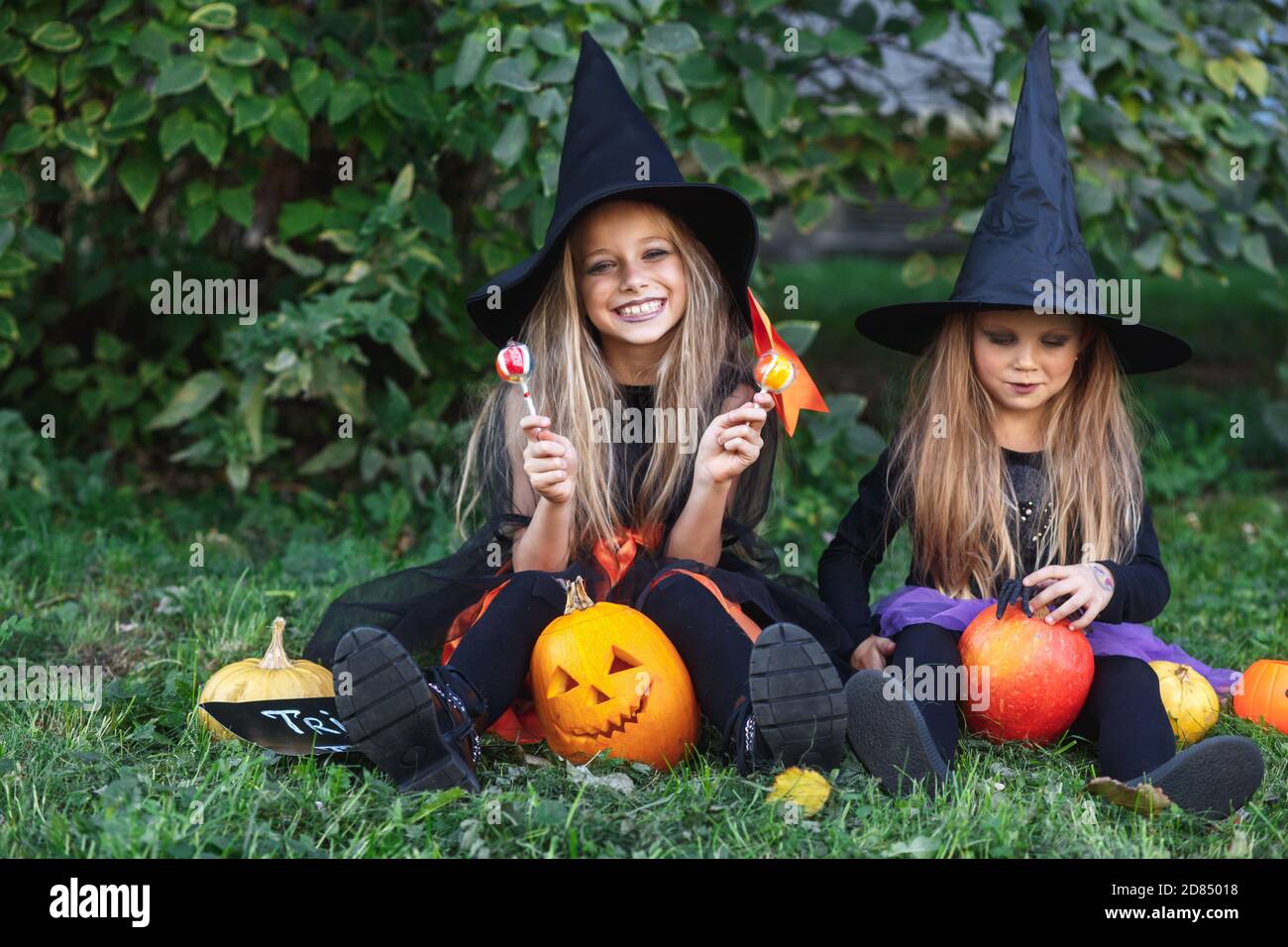 Two funny little girls in witch costumes eating Halloween candy Stock ...
