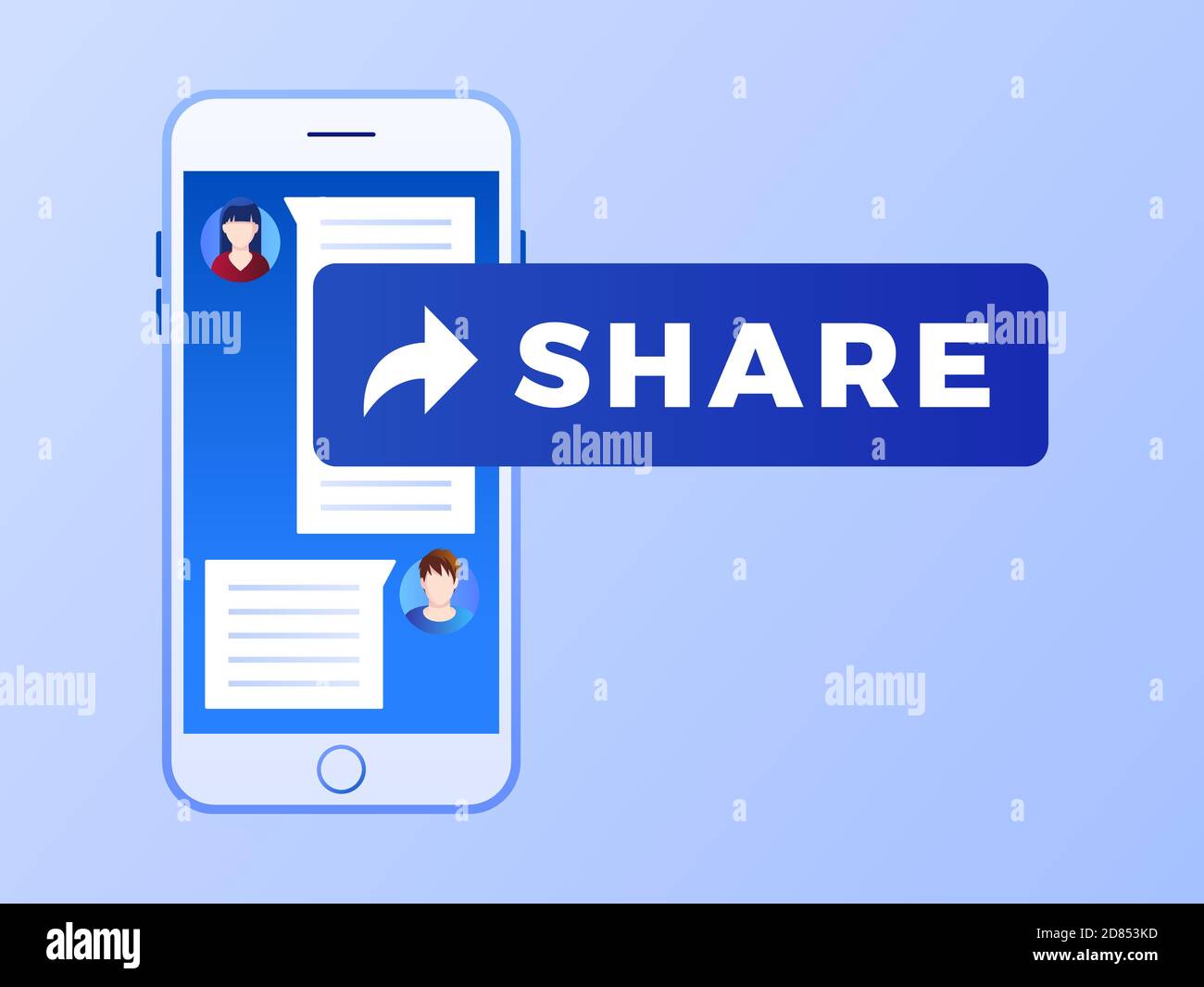 Blue share button on smart phone. Social media marketing concept. Flat ...
