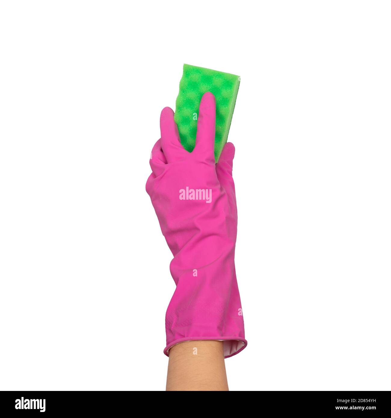 Sponge for washing dishes in female hand. Hand in a latex glove holding ...