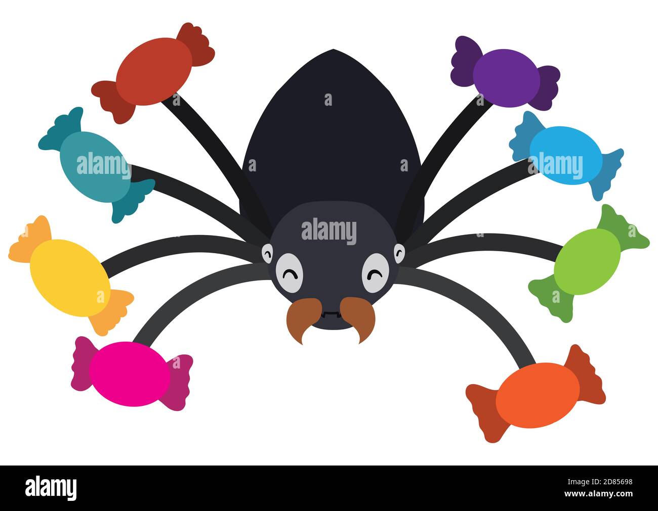 Happy dark spider with friendly expression, holding hard candies with ...