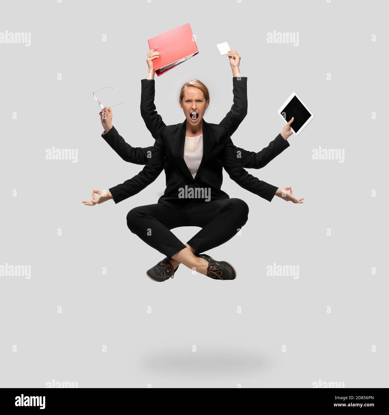 Beautiful business woman, secretary, multi-armed manager levitating ...