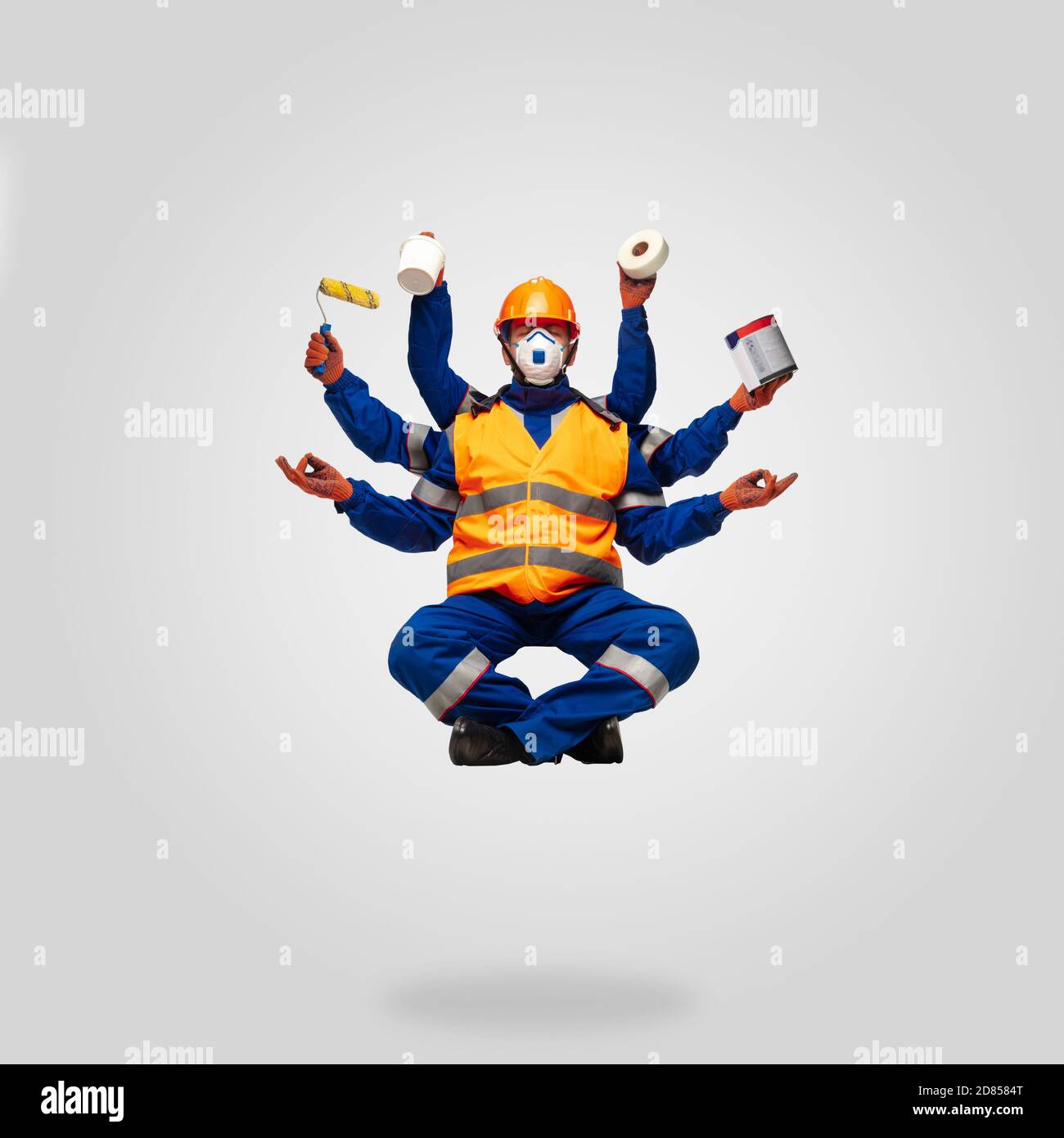 Handsome contractor, multi-armed builder levitating isolated on grey ...