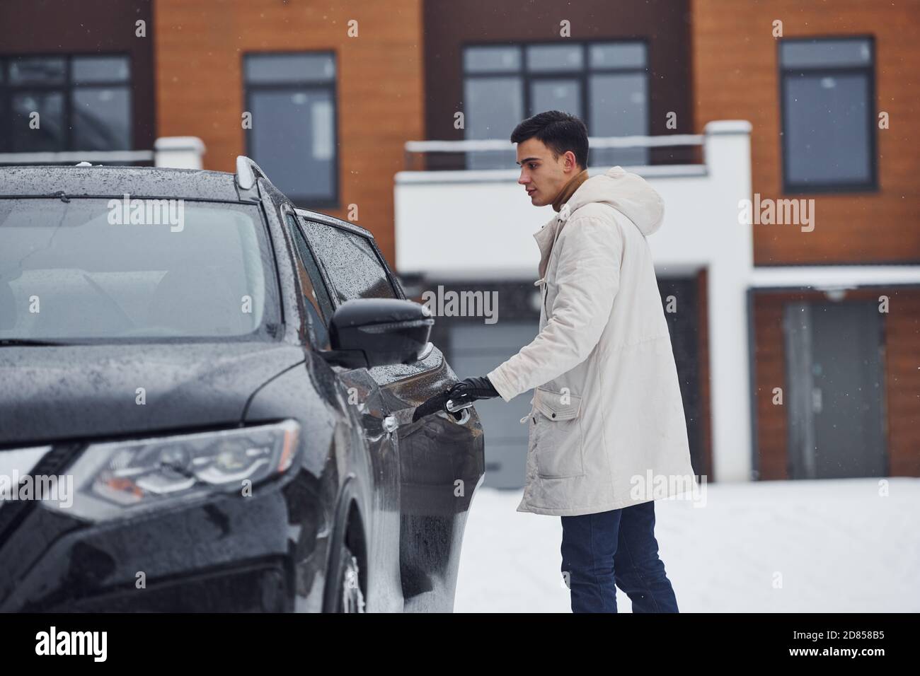 Man with christmas tree standing on the ladder of building Stock Photo ...