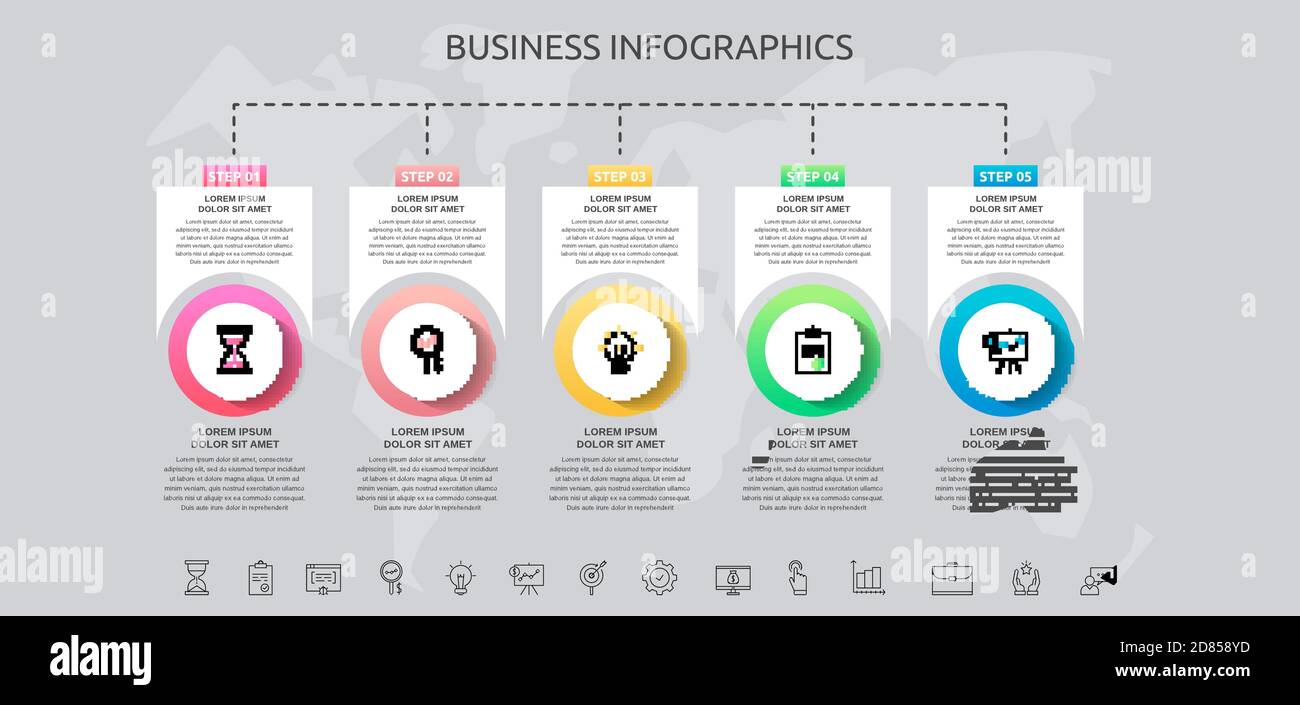 Infographics circles with 5 steps, squares. Vector template used for diagram, business, web ...