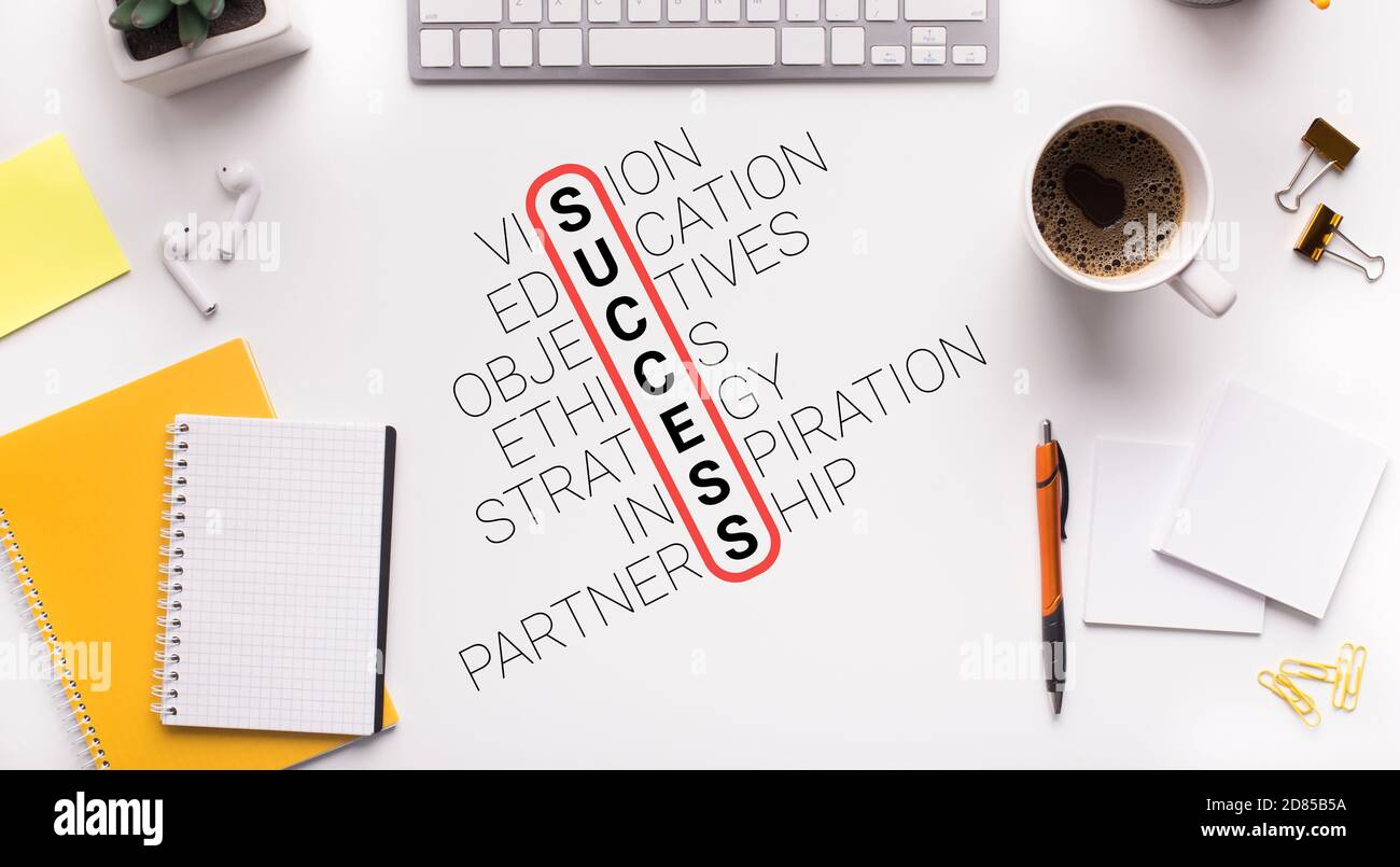 Success Wordcloud On Workplace White Desk, Panorama, Above View Stock ...