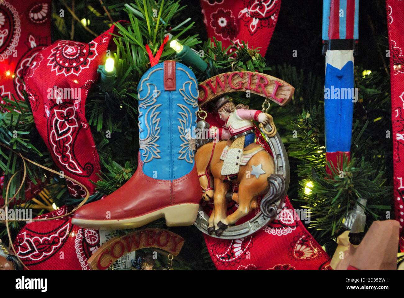 Christmas tree scene background with cowboy theme and lights Stock ...