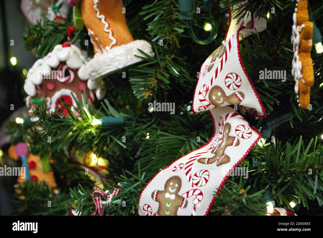 Christmas tree scene background with lights and ornaments Stock Photo ...
