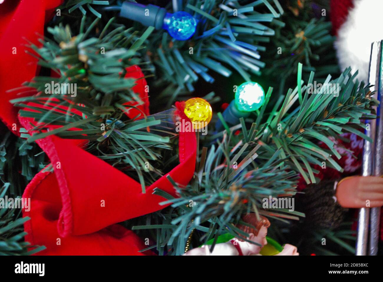 Christmas tree scene background with lights and ornaments Stock Photo ...