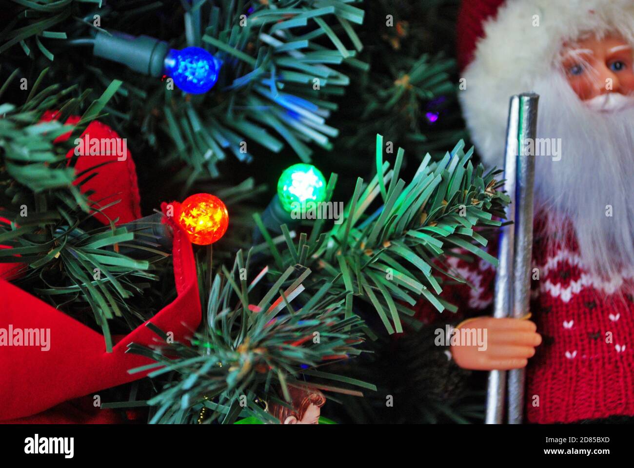 Christmas tree scene background with lights and ornaments Stock Photo ...