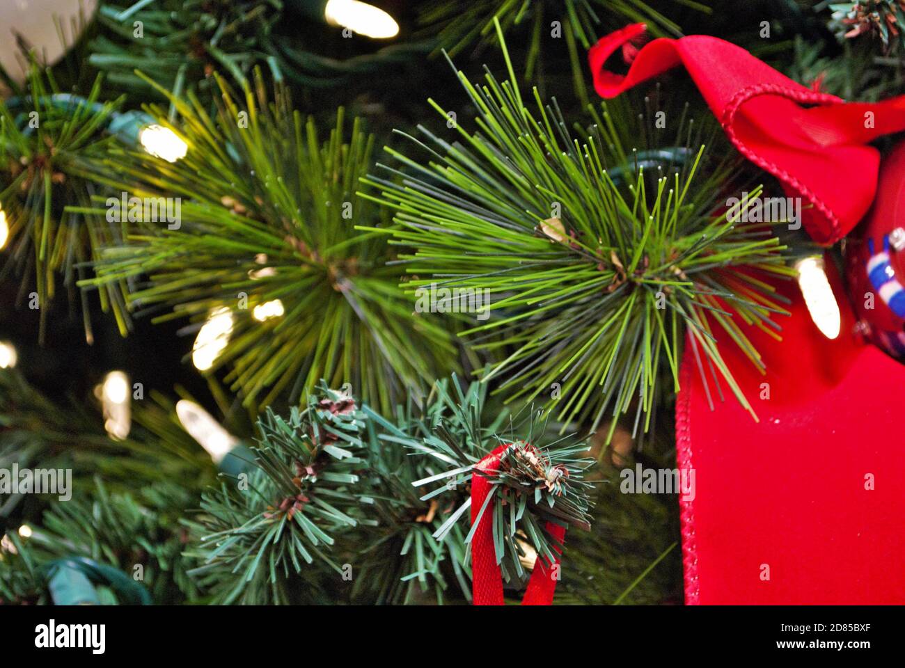 Christmas tree scene background with lights and ornaments Stock Photo ...