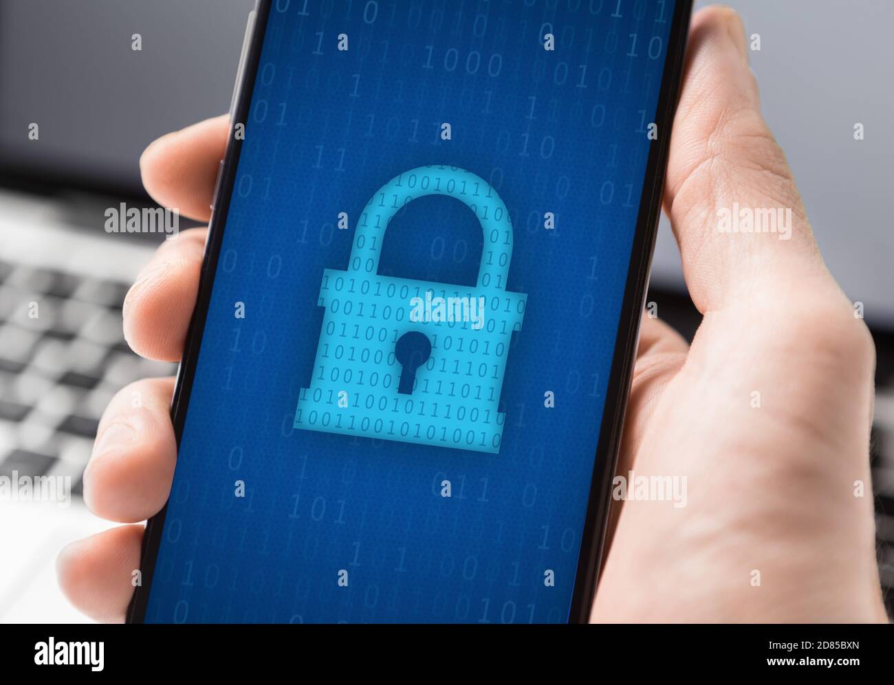 Person using mobile phone, padlock icon on blue screen Stock Photo - Alamy