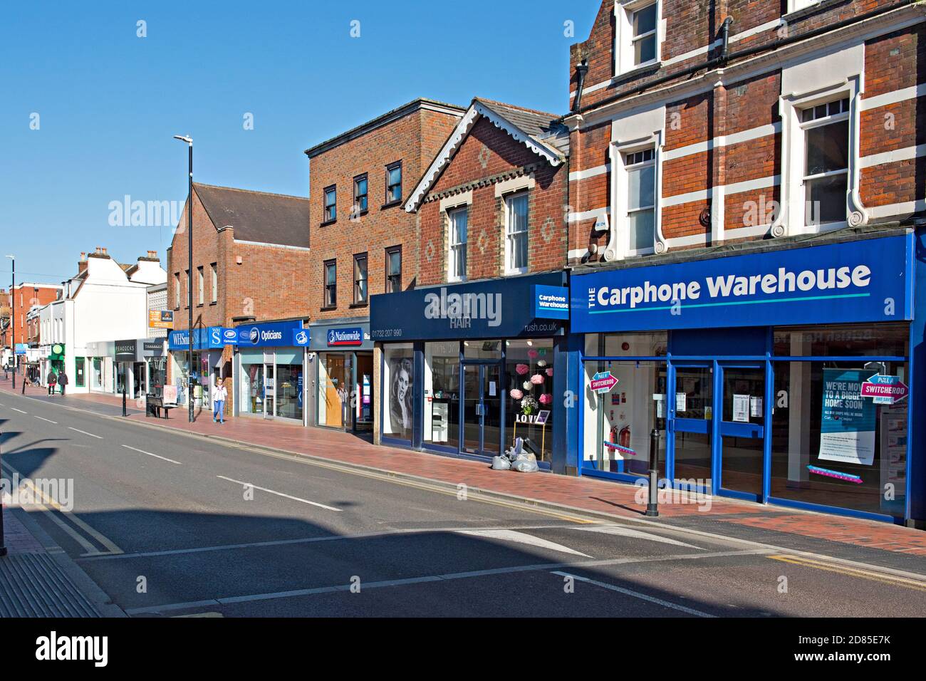 A quiet Tonbridge High Street, Kent, during the 2020 Covid 19 lockdown ...