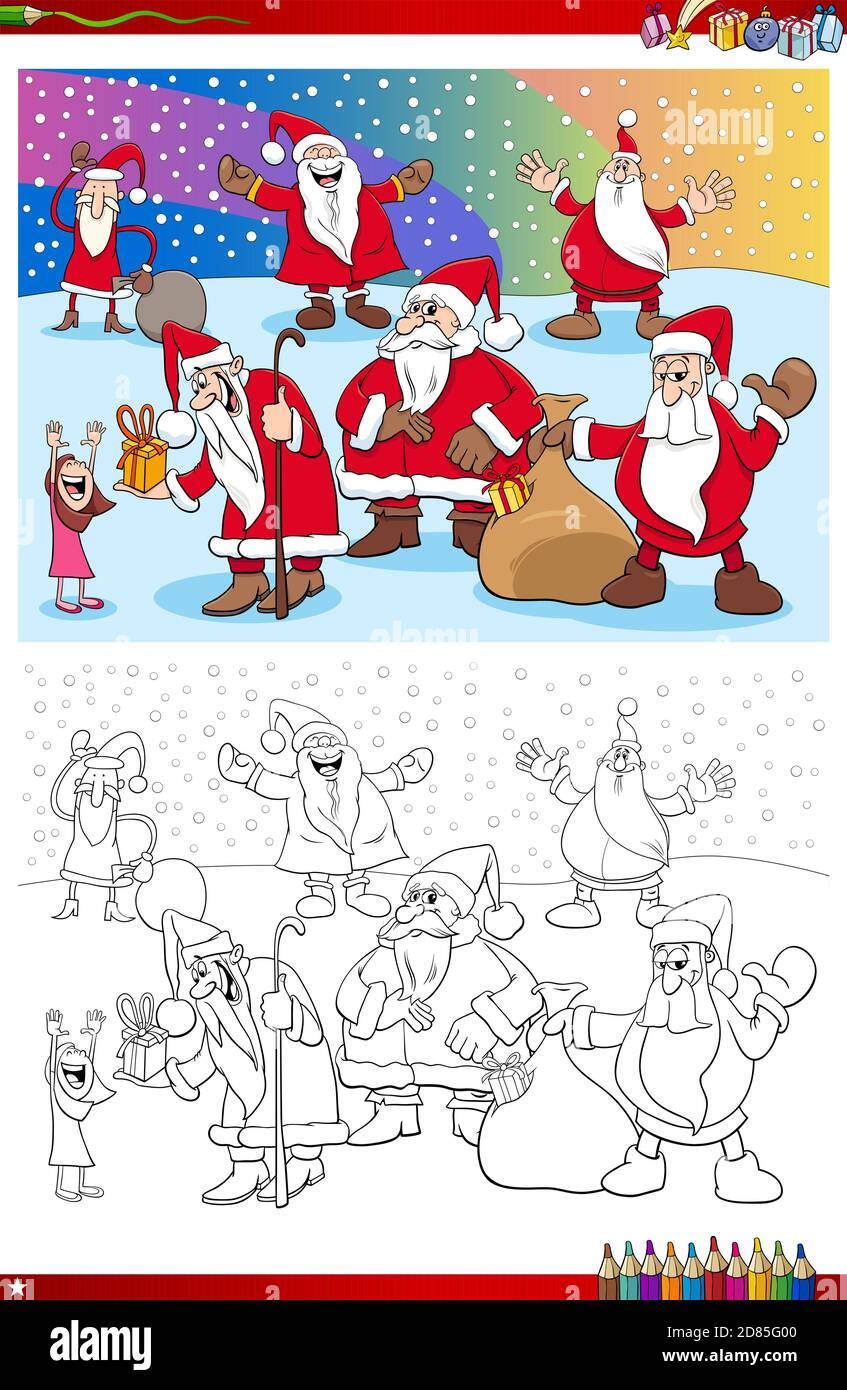 Cartoon Illustration of Santa Claus characters on Christmas coloring ...