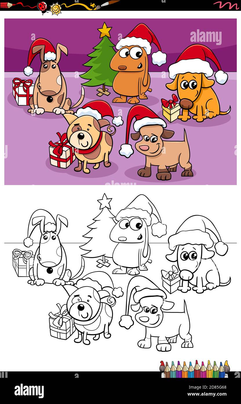 Cartoon illustration of funny dogs animal characters group on Christmas ...