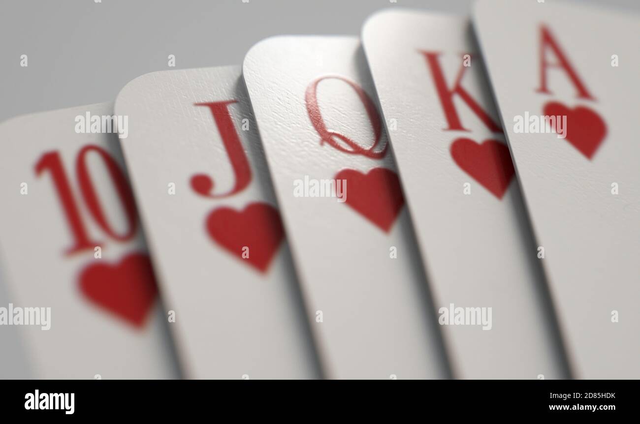 A close up of fanned out royal flush suit of five casino playing cards ...