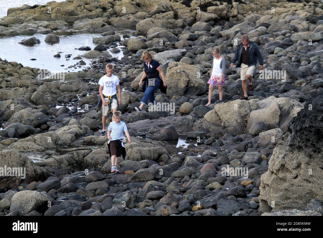 Dunure, Ayrshire, Scotland, UK. Family rock pooling whilst on holiday ...