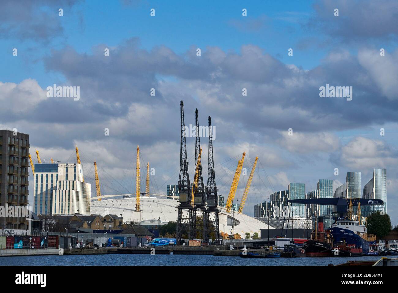 The O2 building shot from Canary Wharfe,, Docklands, East end of London ...